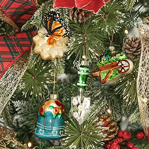 WBHome Christmas Glass Ornaments, Hand Crafted Butterfly, Trowel, Wheelbarrow, Watering Can Tools Ornaments Set for Christmas Tree, Traditional Xmas Decorations Gifts, 4pcs