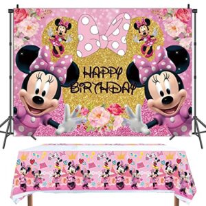 Pink Mouse Backdrop and Tablecloth for Gilrs Birthday Party Mouse Glitter Hapyy Birthday Backdrop 6x4ft Mouse Tablecloth Baby Shower Cake Table Decoration