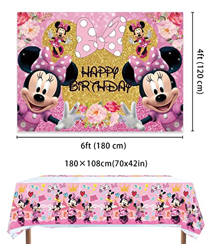 Pink Mouse Backdrop and Tablecloth for Gilrs Birthday Party Mouse Glitter Hapyy Birthday Backdrop 6x4ft Mouse Tablecloth Baby Shower Cake Table Decoration