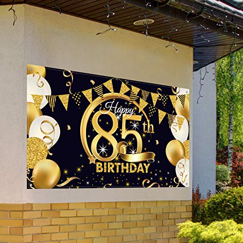 Birthday Party Decoration Extra Large Fabric Black Gold Sign Poster for Anniversary Photo Booth Backdrop Background Banner, Birthday Party Supplies, 72.8 x 43.3 Inch (85th)