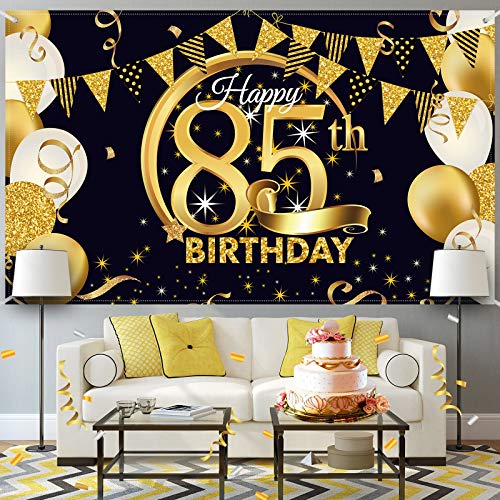 Birthday Party Decoration Extra Large Fabric Black Gold Sign Poster for Anniversary Photo Booth Backdrop Background Banner, Birthday Party Supplies, 72.8 x 43.3 Inch (85th)