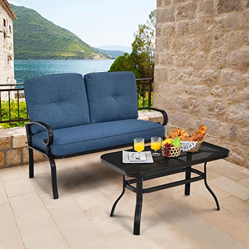 Tangkula Patio Loveseat with Table Set, 2 Seat Cushioned Sofa with Coffee Table, Patio Conversation Sofa Set with Rustproof Frame, 2 Pieces Outdoor Furniture Set for Garden, Poolside, Balcony (Blue)