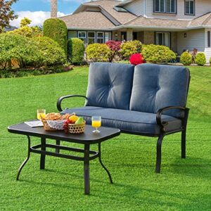 Tangkula Patio Loveseat with Table Set, 2 Seat Cushioned Sofa with Coffee Table, Patio Conversation Sofa Set with Rustproof Frame, 2 Pieces Outdoor Furniture Set for Garden, Poolside, Balcony (Blue)