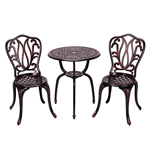 3 Piece Bistro Set,Outdoor Patio Set,Anti-Rust Cast Aluminum Bistro Table Set for Park Yard Front Porch Furniture(New Brown)…