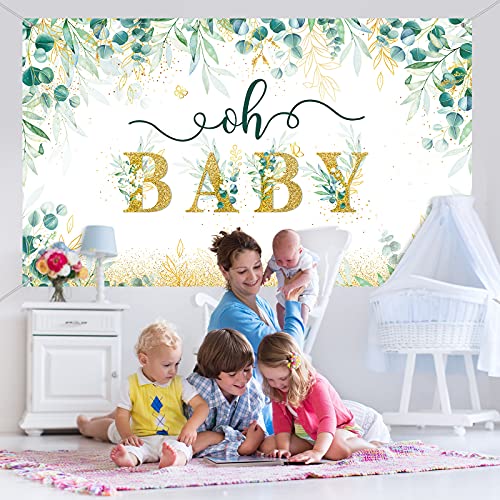 Sage Baby Shower Decorations for Boy Green Safari Baby Backdrop Jungle Eucalyptus Greenery Leaves for Gender Neutral Baby Shower Decoration, 5.9 x 3.6 ft