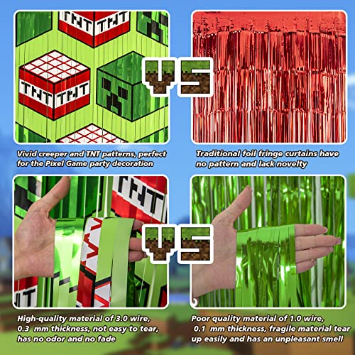 Bupelo Pixel Game Themed Party Supplies,4 Pack Creeper & TNT Tinsel Foil Fringe Curtains,Miner Themed Photo Booth Prop Backdrop Streamer,Miner Crafting Birthday Party Decorations,Room Decor for Kids