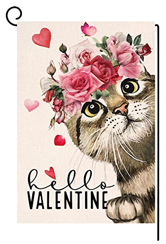 Valentines Cat Garden Flag 12x18 Vertical Double Sided Red Pink Rose Love Heart Spring Farmhouse Holiday Outside Decorations Burlap Yard Flag BW237