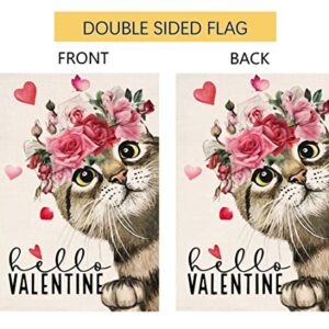 Valentines Cat Garden Flag 12x18 Vertical Double Sided Red Pink Rose Love Heart Spring Farmhouse Holiday Outside Decorations Burlap Yard Flag BW237