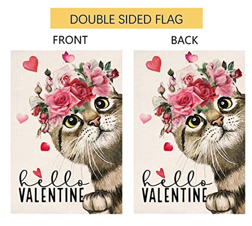 Valentines Cat Garden Flag 12x18 Vertical Double Sided Red Pink Rose Love Heart Spring Farmhouse Holiday Outside Decorations Burlap Yard Flag BW237