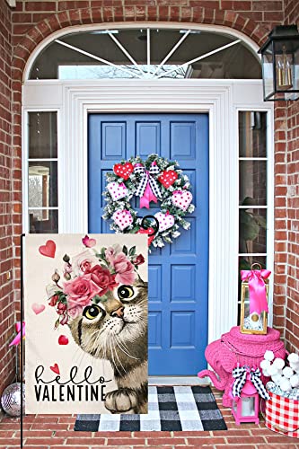 Valentines Cat Garden Flag 12x18 Vertical Double Sided Red Pink Rose Love Heart Spring Farmhouse Holiday Outside Decorations Burlap Yard Flag BW237