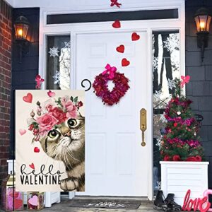 Valentines Cat Garden Flag 12x18 Vertical Double Sided Red Pink Rose Love Heart Spring Farmhouse Holiday Outside Decorations Burlap Yard Flag BW237