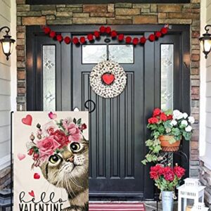 Valentines Cat Garden Flag 12x18 Vertical Double Sided Red Pink Rose Love Heart Spring Farmhouse Holiday Outside Decorations Burlap Yard Flag BW237