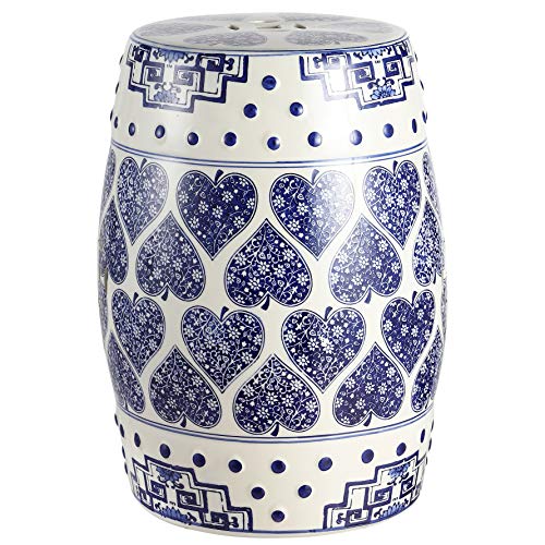 JONATHAN Y TBL1014A Happy Hearts 17.8" Chinoiserie Ceramic Drum Garden Stool, Bohemian, Coastal, Cottage, French Country, Traditional, Transitional, Side Table, Plant Stand, Spill-Proof, Blue/White