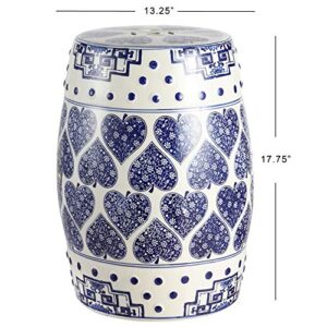 JONATHAN Y TBL1014A Happy Hearts 17.8" Chinoiserie Ceramic Drum Garden Stool, Bohemian, Coastal, Cottage, French Country, Traditional, Transitional, Side Table, Plant Stand, Spill-Proof, Blue/White