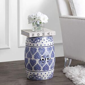 JONATHAN Y TBL1014A Happy Hearts 17.8" Chinoiserie Ceramic Drum Garden Stool, Bohemian, Coastal, Cottage, French Country, Traditional, Transitional, Side Table, Plant Stand, Spill-Proof, Blue/White