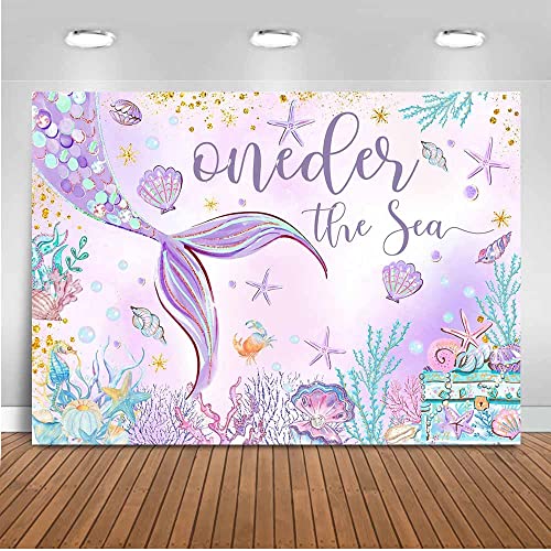 Mocsicka Oneder The Sea 1st Birthday Backdrop 7x5ft Purple Mermaid Under The Sea Happy First Birthday Party Decorations for Girls Starfish Shell Seaweed Photography Background