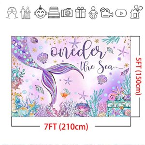 Mocsicka Oneder The Sea 1st Birthday Backdrop 7x5ft Purple Mermaid Under The Sea Happy First Birthday Party Decorations for Girls Starfish Shell Seaweed Photography Background