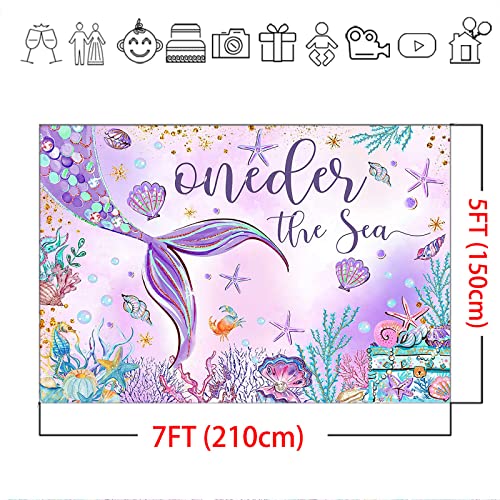 Mocsicka Oneder The Sea 1st Birthday Backdrop 7x5ft Purple Mermaid Under The Sea Happy First Birthday Party Decorations for Girls Starfish Shell Seaweed Photography Background