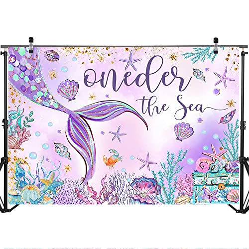 Mocsicka Oneder The Sea 1st Birthday Backdrop 7x5ft Purple Mermaid Under The Sea Happy First Birthday Party Decorations for Girls Starfish Shell Seaweed Photography Background