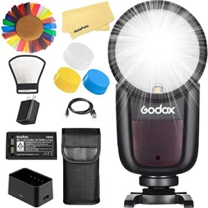 godox v1 v1-c v1c round head camera flash for canon flash speedlite speedlight light,76ws 2.4g ttl1/8000 hss,480 full power shots,1.5s recycle time,2600mah li-ion battery,10 levels led modeling lamp