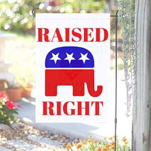 LiberTee Raised Right Republican Pride Outdoor Garden Flag | Republican Party 12x18 Flag Banner for Lawn or Garden | White Flag with GOP Elephant Sign