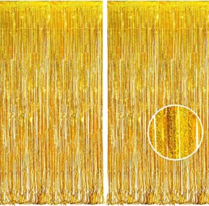 braveshine gold glitter tinsel foil fringe curtains – 2pcs 3.2×8.2ft holiday photo backdrop for birthday graduation wedding bridal bachelorette baby shower tropical hawaiian luau party decorations