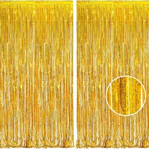 BRAVESHINE Gold Glitter Tinsel Foil Fringe Curtains - 2Pcs 3.2x8.2ft Holiday Photo Backdrop for Birthday Graduation Wedding Bridal Bachelorette Baby Shower Tropical Hawaiian Luau Party Decorations