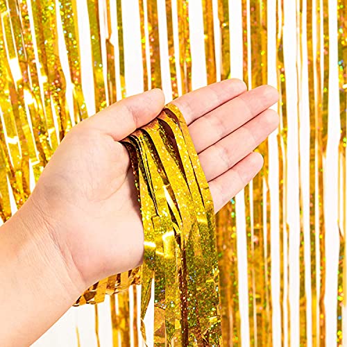 BRAVESHINE Gold Glitter Tinsel Foil Fringe Curtains - 2Pcs 3.2x8.2ft Holiday Photo Backdrop for Birthday Graduation Wedding Bridal Bachelorette Baby Shower Tropical Hawaiian Luau Party Decorations