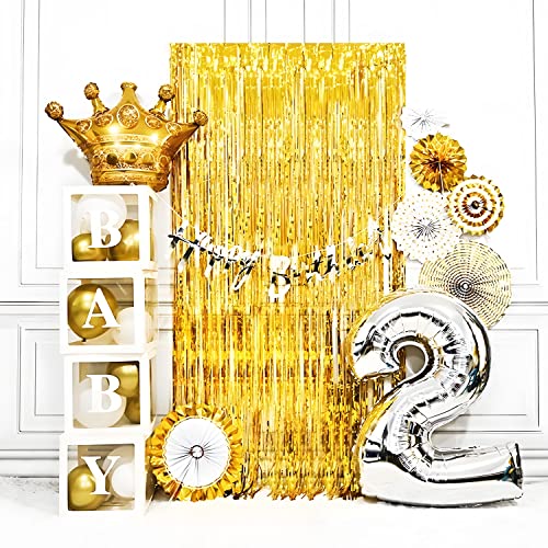 BRAVESHINE Gold Glitter Tinsel Foil Fringe Curtains - 2Pcs 3.2x8.2ft Holiday Photo Backdrop for Birthday Graduation Wedding Bridal Bachelorette Baby Shower Tropical Hawaiian Luau Party Decorations