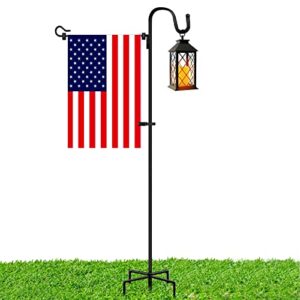 garden flag stand, adjustable heavy duty flag pole holder with american flag, 65inch shepherds hook for hanging flag, bird feeder, solar lights, plant hanger etc, outdoor garden yard flag pole kit