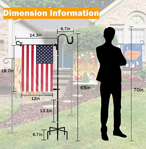 Garden Flag Stand, Adjustable Heavy Duty Flag Pole Holder with American Flag, 65inch Shepherds Hook for Hanging Flag, Bird Feeder, Solar Lights, Plant Hanger etc, Outdoor Garden Yard Flag Pole Kit