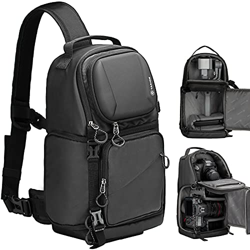 TARION Camera Sling Bag DSLR Sling Backpack for Photographers with Waterproof Rain Cover Tripod Holder Sling Pack Camera Bag Backpack Photography Slingpack Crossbody Bag for Hiking Travel Black TRS