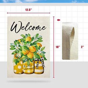 CMEGKE Summer Garden Flag Welcome Lemons Floral Summer Garden Flag Yellow Mason Jar Vertical Double Sided Burlap Party Holiday Yard Home Farmhouse Outside Decor 12.5 x 18 In