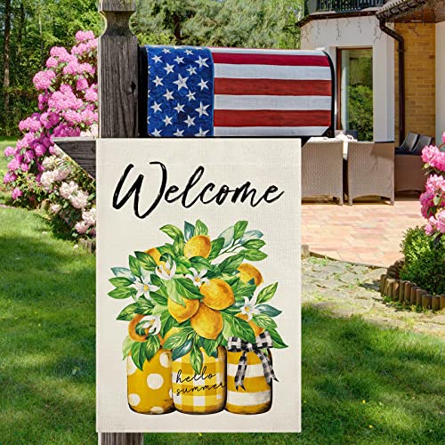 CMEGKE Summer Garden Flag Welcome Lemons Floral Summer Garden Flag Yellow Mason Jar Vertical Double Sided Burlap Party Holiday Yard Home Farmhouse Outside Decor 12.5 x 18 In