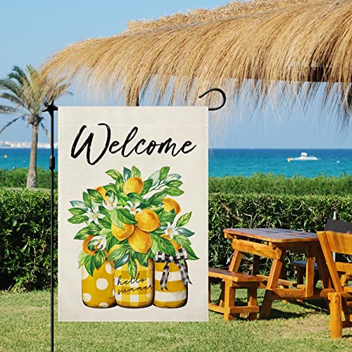 CMEGKE Summer Garden Flag Welcome Lemons Floral Summer Garden Flag Yellow Mason Jar Vertical Double Sided Burlap Party Holiday Yard Home Farmhouse Outside Decor 12.5 x 18 In