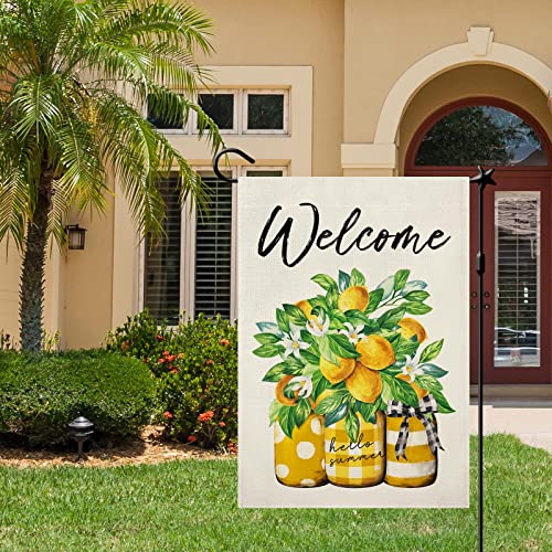 CMEGKE Summer Garden Flag Welcome Lemons Floral Summer Garden Flag Yellow Mason Jar Vertical Double Sided Burlap Party Holiday Yard Home Farmhouse Outside Decor 12.5 x 18 In