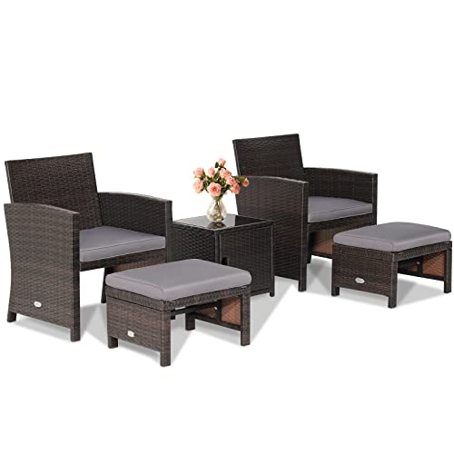 Tangkula 5 Pieces Wicker Patio Furniture Set, Patiojoy Conversation Chair and Ottoman Set with Single-Door Storage Coffee Table and Cushions, Outdoor Lounge Chair Chat Set, Space-Saving (Grey)