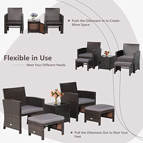 Tangkula 5 Pieces Wicker Patio Furniture Set, Patiojoy Conversation Chair and Ottoman Set with Single-Door Storage Coffee Table and Cushions, Outdoor Lounge Chair Chat Set, Space-Saving (Grey)