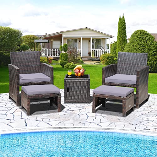 Tangkula 5 Pieces Wicker Patio Furniture Set, Patiojoy Conversation Chair and Ottoman Set with Single-Door Storage Coffee Table and Cushions, Outdoor Lounge Chair Chat Set, Space-Saving (Grey)