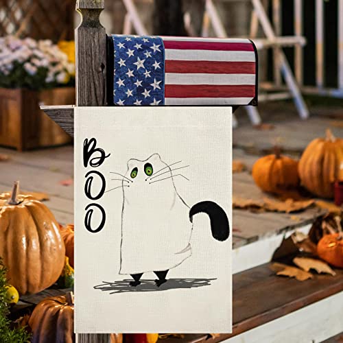 CMEGKE Cute Halloween Ghost Garden Flag Halloween Boo Garden Flag Halloween Cat Garden Flag Halloween Yard Flag Double Sided Burlap Holiday Halloween Farmhouse Home Outdoor Yard Decor 12.5 x 18 In