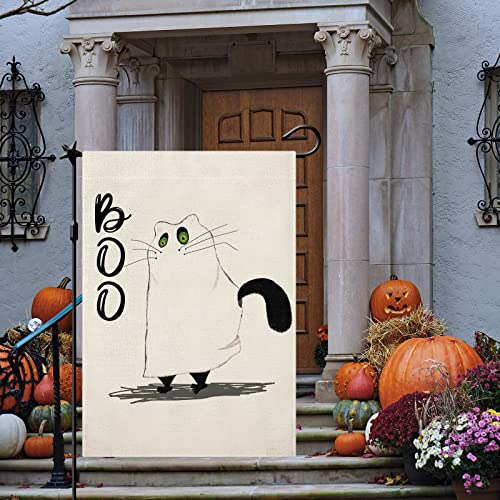 CMEGKE Cute Halloween Ghost Garden Flag Halloween Boo Garden Flag Halloween Cat Garden Flag Halloween Yard Flag Double Sided Burlap Holiday Halloween Farmhouse Home Outdoor Yard Decor 12.5 x 18 In