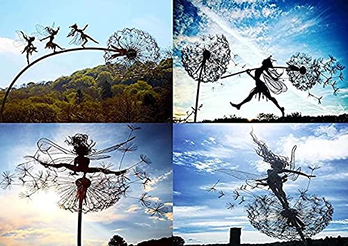 KINHA Fairy Dandelion Sculptures Fairy Dandelion Sculptures Garden Stakes Dramatic Fairy Sculptures Dancing with Dandelions,Wind Catcher for Home Garden Patio Yard Decoration with Standing Pole