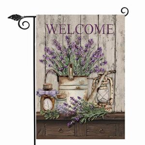 hzppyz welcome spring summer garden flag lavender flower bucket, decorative house yard lawn outdoor small burlap flag lantern decor, vintage farmhouse seasonal outside decorations double sided 12 x 18