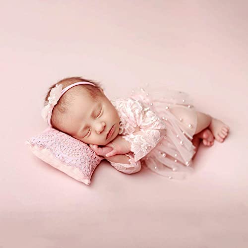 Pink Lace Newborn Photography Outfits Girl Newborn Photography Props Pearl Lace Rompers Newborn Girl Lace Romper Photoshoot Outfits Baby Photo Props (Long Sleeve, Pink, 0-2Months)