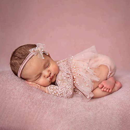 Pink Lace Newborn Photography Outfits Girl Newborn Photography Props Pearl Lace Rompers Newborn Girl Lace Romper Photoshoot Outfits Baby Photo Props (Long Sleeve, Pink, 0-2Months)