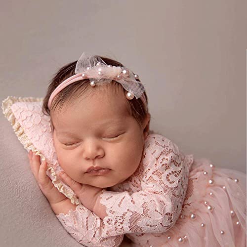 Pink Lace Newborn Photography Outfits Girl Newborn Photography Props Pearl Lace Rompers Newborn Girl Lace Romper Photoshoot Outfits Baby Photo Props (Long Sleeve, Pink, 0-2Months)