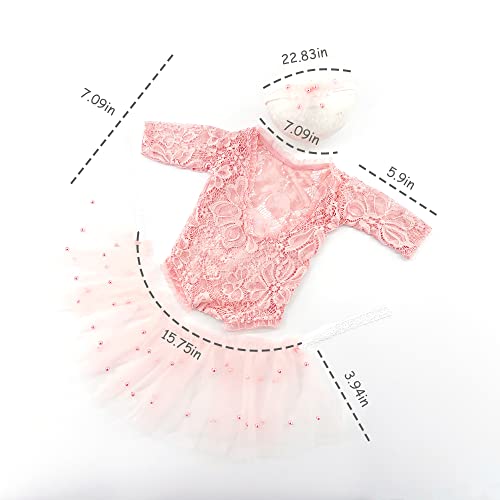 Pink Lace Newborn Photography Outfits Girl Newborn Photography Props Pearl Lace Rompers Newborn Girl Lace Romper Photoshoot Outfits Baby Photo Props (Long Sleeve, Pink, 0-2Months)