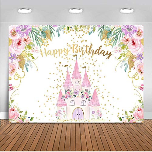 Mocsicka Pink Castle Birthday Backdrop Princess Floral Birthday Party Decorations Photo Backdrops Gold Dots Sweet Girl's Bday Photography Background (7x5ft)