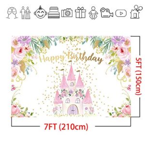 Mocsicka Pink Castle Birthday Backdrop Princess Floral Birthday Party Decorations Photo Backdrops Gold Dots Sweet Girl's Bday Photography Background (7x5ft)