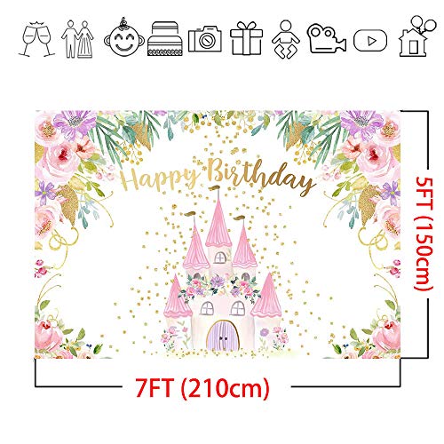 Mocsicka Pink Castle Birthday Backdrop Princess Floral Birthday Party Decorations Photo Backdrops Gold Dots Sweet Girl's Bday Photography Background (7x5ft)